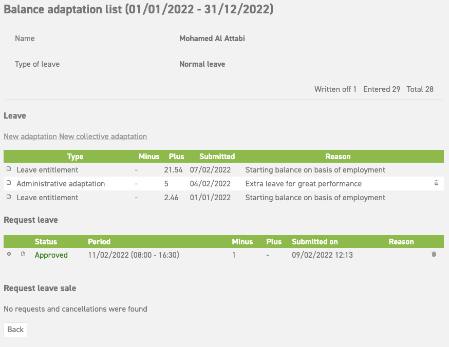 Employee balance summary – Leavedays Support