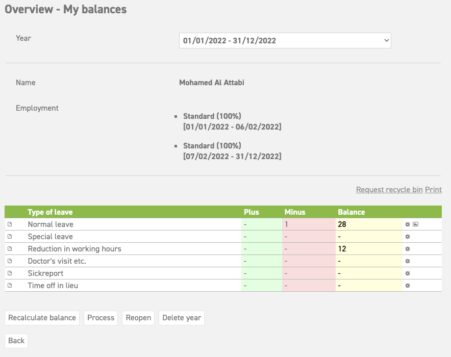Employee balance summary – Leavedays Support